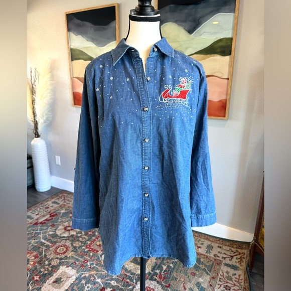 Quacker Factory | Tops | Quacker Factory Denim Holiday Sled Shirt ...